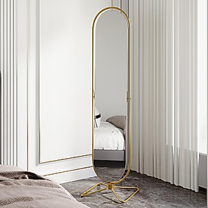 BUZUEY Floor Mirror,Gold Full Length Mirror,Standing Mirror,67"*15.8"Full Body Mirror,Iron Frame Oval Stand up Mirror for Bedroom,Living Room,Dressing Room
