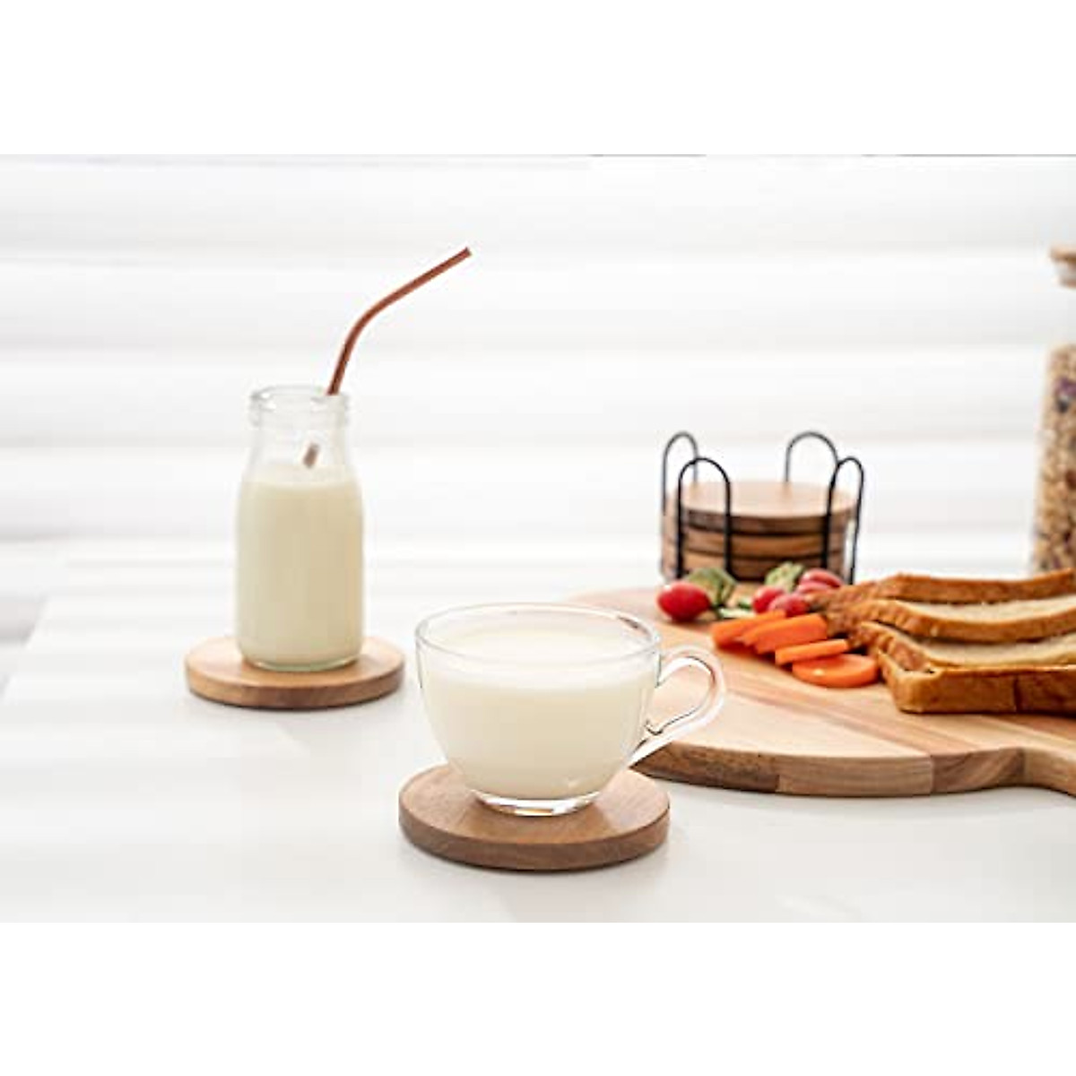 Wood Coasters for Drinks Tabletop Protection with Holder Set of 6, Acacia Wooden Coasters for Coffee Table Desk Round with Non-Slip Pad Cup Coasters for Home Office Christmas Decor 4 Inch