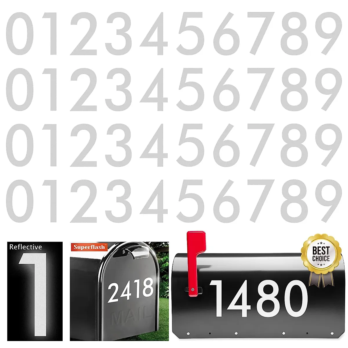 2 inch Reflective Mailbox Numbers for Outside Sticker, Modern Mailbox Number (0-9, 4 Sets) Premium Decal Die Cut and Pre-Spaced - for House, Trash Cans - Self Adhesive Numbers