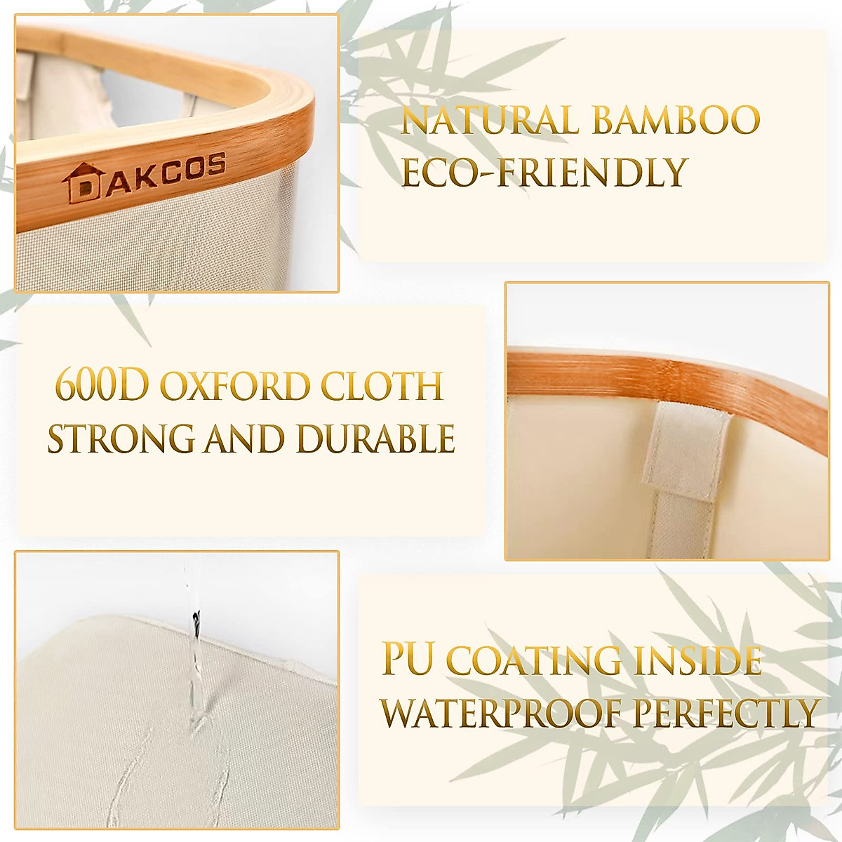 DAKCOS 2 Pack Foldable Storage basket with Handles Bamboo Rim Collapsible Fabric Storage basket for Storage Clothes,Toys,etc. 32L,Beige