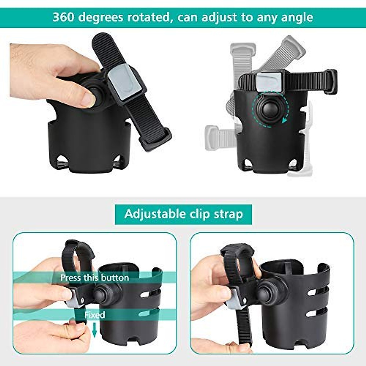 Accmor Stroller Cup Holder with Adjustable Strap, 360 Degree Rotatable Universal Cup Holder for Uppababy, Nuna, Doona Stroller, Cup Holder for Stroller, Wheelchair, Walker, Rollator