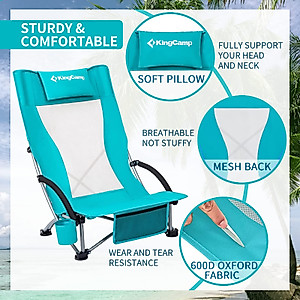 KingCamp Folding Beach Chair High Back Lightweight Portable Backpack Chair with Headrest, Cup Holder for Camping Outdoor Sand Concert Lawn Festival Sports, Cyan