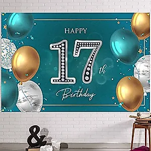 HAMIGAR 6x4ft Happy 17th Birthday Banner Backdrop - 17 Years Old Birthday Decorations Party Supplies for Girls Boys - Green Silver