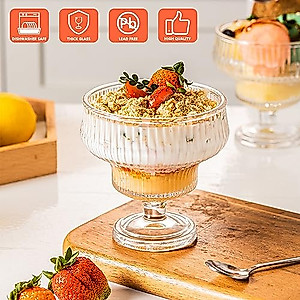 INSETLAN Ice Cream Sundae Glass Bowl Set of 4, Clear Stripes Footed Dessert Bowls 10oz, Glass Dessert Cups Perfect for Sundae, Ice Cream, Fruit, Salad, Cocktail, Trifle