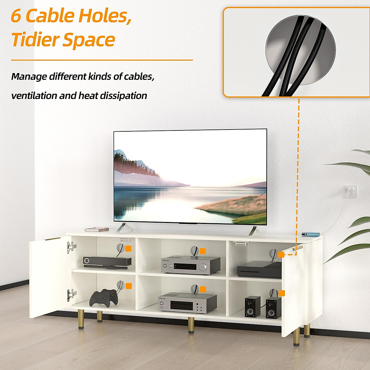 Furniwood TV Stand for 65+ Inch TV, Mid Century Modern TV Stand for Bedroom, TV Entertainment Center with Storage Cabinets, TV Consoles for Living Room, White