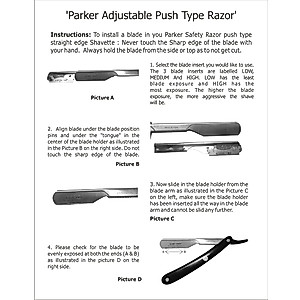 Parker ADJUSTABLE Stainless Steel Black Handle Straight Barber Razor - Customize your Shave with 3 Different Blade Inserts - 5 Parker Razor Blades Included
