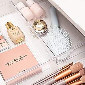 4 Pack 12"x 6" Large Size Clear Plastic Desk Drawer Organizer Tray Bathroom Office Kitchen Utensils Silverware Gadgets Dividers Desk Drawer Storage Bins Container for Dresser Cosmetic Makeup