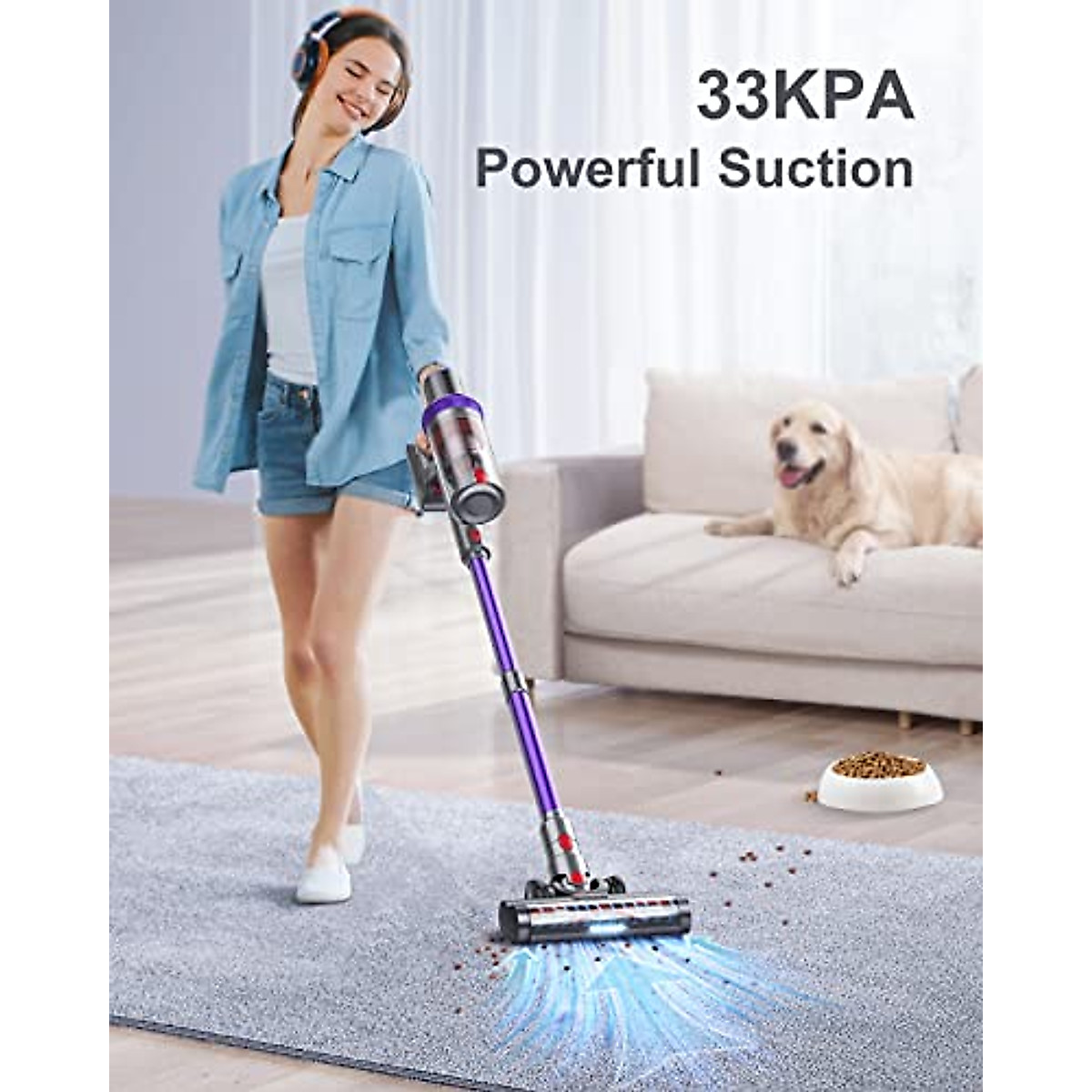 WLUPEL Cordless Vacuum Cleaner, 33Kpa Stick Vacuum Cleaner, 400W Handheld Vacuum with LED Touch Screen, 50mins Runtime for Pet Hair, Carpet and Hardwood Floor(KB-H015)