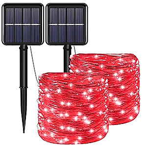 YAOZHOU Red Solar Christmas String Lights Outdoor Waterproof Decorations 100 LED（2 Pack） 8 Modes Copper String Lights Fairy Lights for Valentine's Day, Garden, Patio, Fence, Balcony