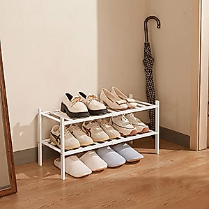 quiqear Bamboo Shoe Rack, 2 Tier Shoe Rack Organizer, Stackable & Durable Shoe Shelf Holder, Free Standing Shoe Racks, Shoe Storage Organizer for Entryway, Closet, Hallway (White)