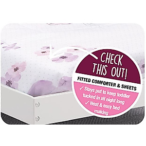 Delta Children 4 Piece Toddler Bedding Set for Girls - Reversible 2-in-1 Comforter - Includes Fitted Comforter to Keep Little Ones Snug, Bottom Sheet, Top Sheet, Pillow Case - Purple Bouquet