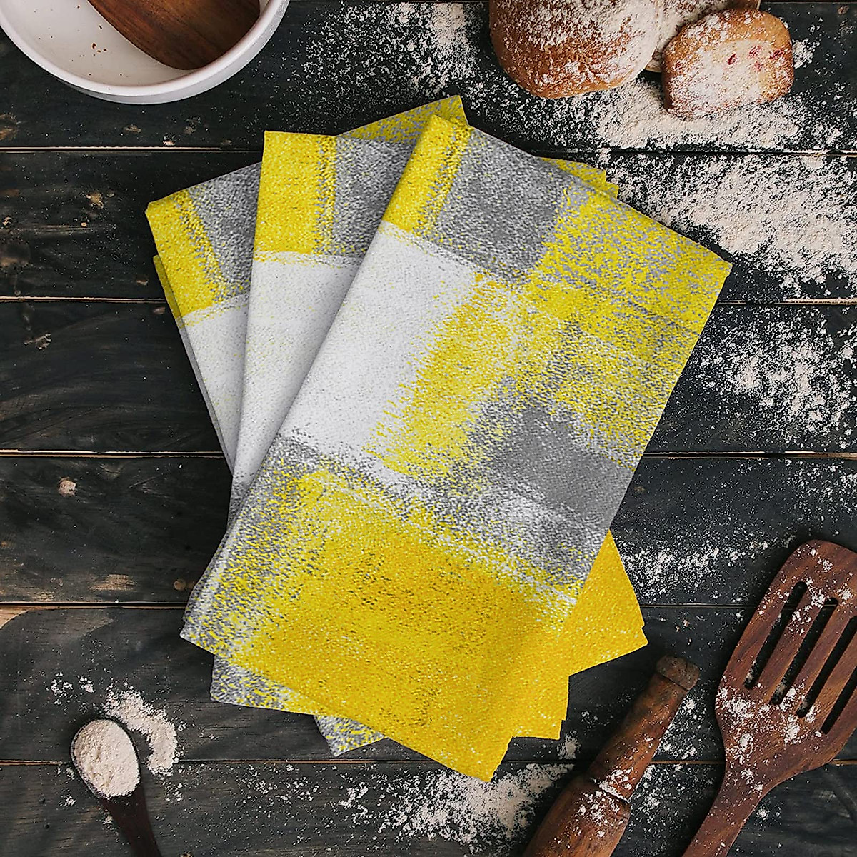 Grey and Yellow Kitchen Towels Set of 2, Abstract Art Painting Absorbent Dish Towel for Kitchen Microfiber Dish Cloths for Drying and Cleaning Reusable Cleaning Cloths Modern Doodle Decor 18x28in