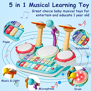 Fajiabao Kids Drum Set for Toddlers 1-3 with Microphone, Baby Drum Kit Musical Toys for 1 Year Old Boy Girl Light Piano Keyboard, Early Learning Instruments for 6 12 18 Month