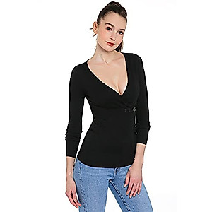 AmélieBoutik Women V Neck Crossover Buckle Long Sleeve Pullover Sweater (Black Medium)