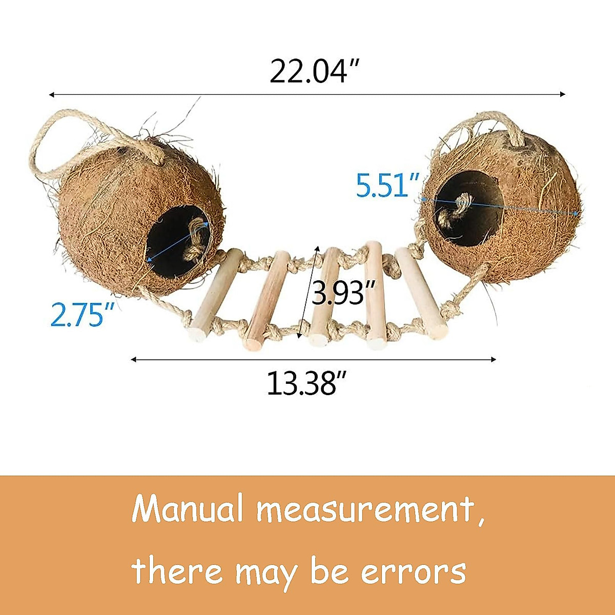 Bird Coconut Hides Nest with Ladder Parrot Cage Hanging Natural Coco Shell Hut Hide Toy with Wooden Bridge Hollow Hideaway Toys for Parakeet Lovebird Finch Canary 2PCS