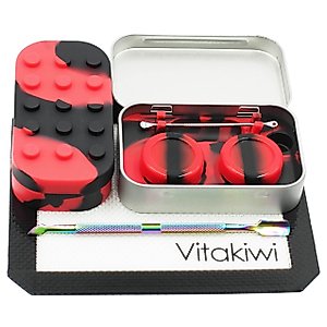 Vitakiwi Silicone Carving Travel Tin Kit with 5ml 34ml Multi Compartment Concentrate Containers Non-stick Jars + 4.8" Gold Carving Tool + 5.9"×4.9" Mat (Red Black)