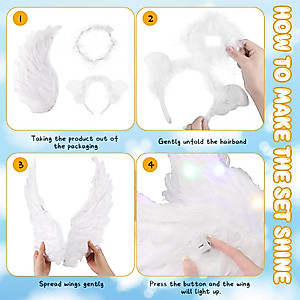 Liitrsh 4 Sets Light up Angel Wings and Headband Set White Angel Wings Costume for Girls Led Angel Feather Wings for Kids Women Halloween Christmas