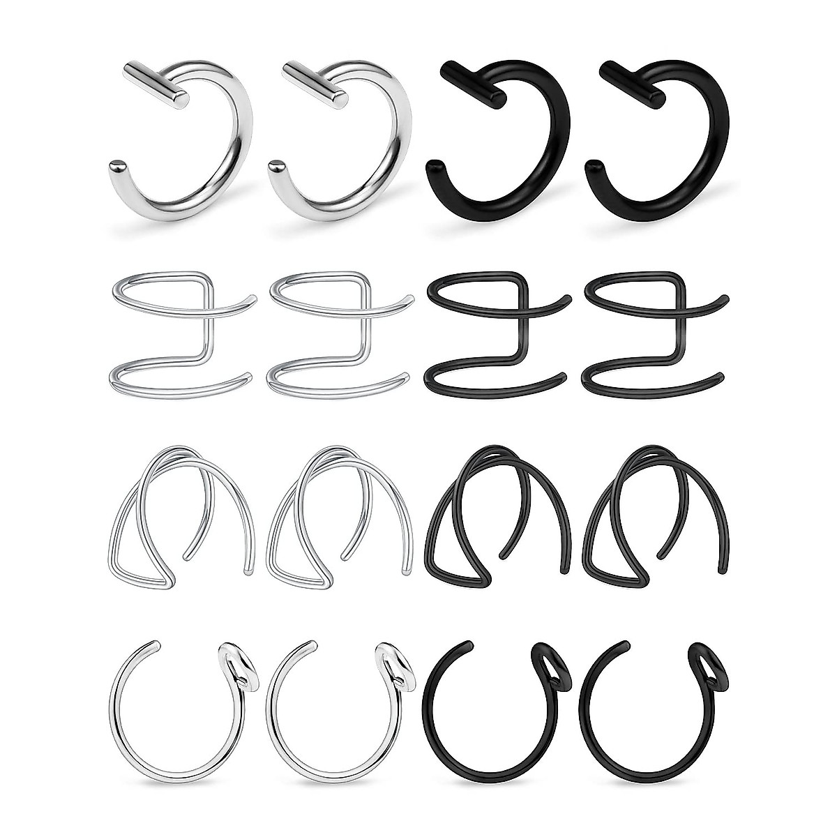 Ftovosyo Fake Lip Rings T Shaped Stainless Steel Gothic Clip on Non Piercing Nose Ring Double Cartilage Helix Earrings Ear Cuff for Women Men