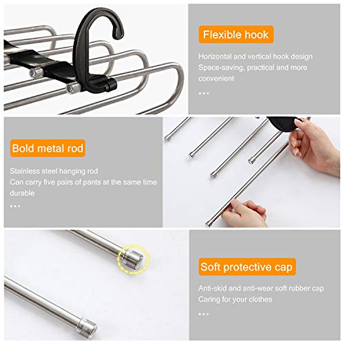 AIR&TREE 4 Pack Pants Hangers Space Saving,Anti-Rust Pants Organizer,Durable and Sturdy Installed Hangers for Pants Scarf Jeans Slack Trousers Ties Towels in Closet,5 in 1(Black)