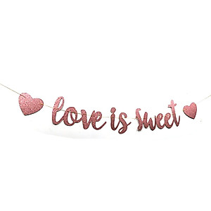 Rose Gold Love is Sweet Banner for Wedding Bridal Shower Engagement Party Sign Backdrops with Two Paper Hearts Pre-Strung (Rose Gold)