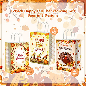 JUESMOS 12PCS Thanksgiving Paper Gift Bags 8.3" Hello Autumn Fall Gift Bags with Handles Turkey Pumpkin Leaves Treat Bags Candy Goodie Bags for Thanksgiving Fall Baby Shower Birthday Party Decor