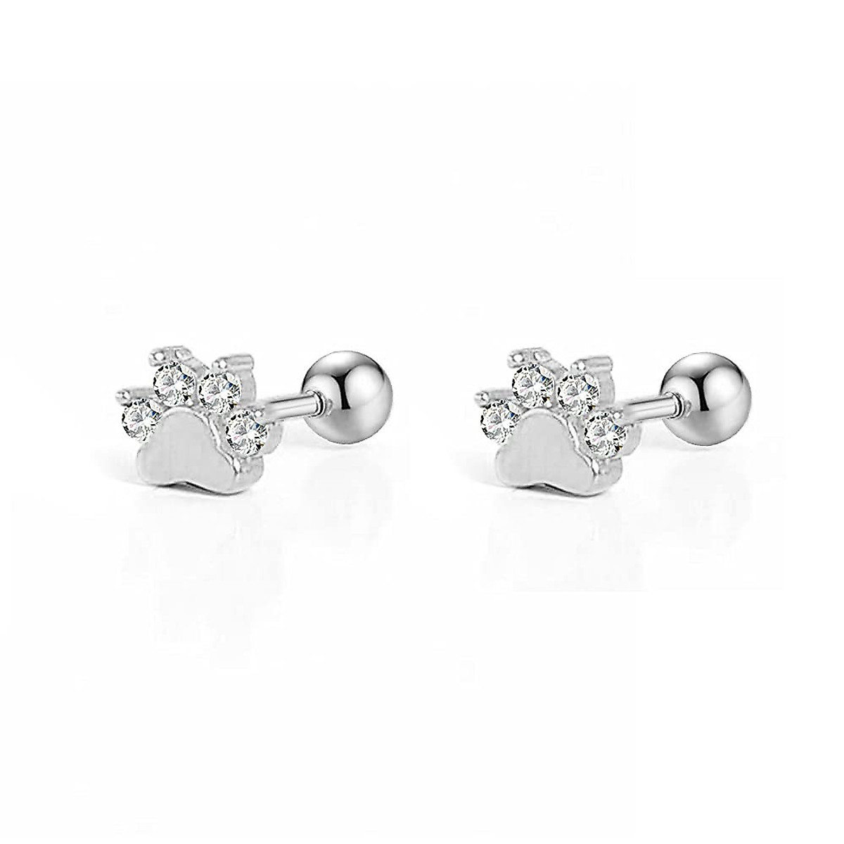 18g Mini Paw Print CZ Stud Earrings Sterling Silver Cartilage Tiny Ball Screw Back Small Studs Hypoallergenic Tragus Helix Cute Animals Dainty Sleeper Stud Earrings for Women Daughter Pet Lovers (silver)