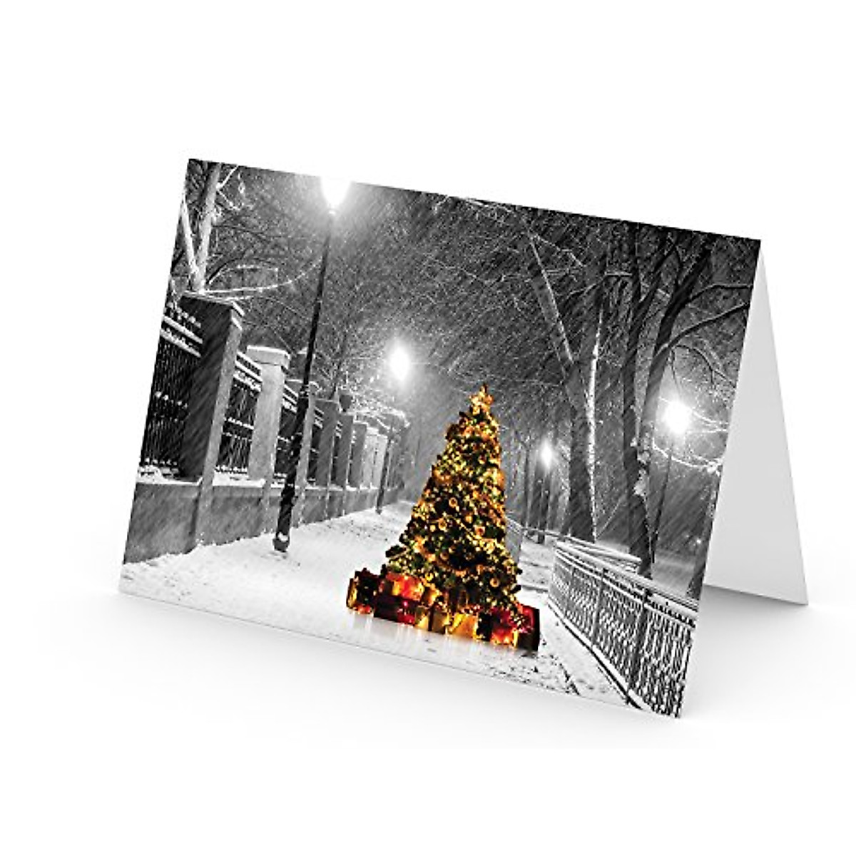 Christmas Cards, Holiday Cards - One Jade Lane - Lighted Tree in the Snow, 5x7, Heavy Stock, Set of 18 Cards & Envelopes, Seasons Greetings Cards.