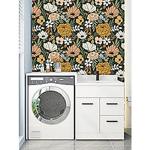 HAOKHOME 93217 Vintage Large Floral Peel and Stick Wallpaper Removable Daisy Leaf Black/Sand/Oliva Vinyl Self Adhesive Mural 17.7in x 9.8ft