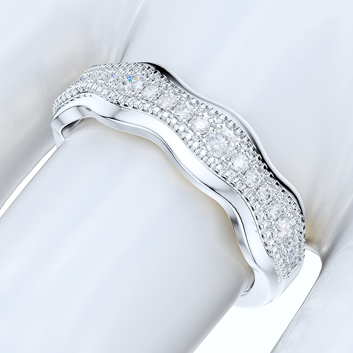 PRSTANI Sterling Silver Fancy Wave Shape Milgrain Simulated Round Brilliant Diamond Full Eternity Ring Wedding Band (12)