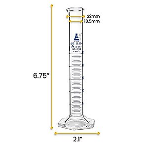 EISCO Graduated Cylinder, 25ml - Class A Tolerance ±0.25ml - Hexagonal Base - Blue Graduations - Borosilicate 3.3 Glass
