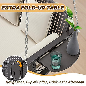 Yalissey 3 Seat Hanging Porch Swing, Patio Swing Bench with Tea Trays & 3 Back Cushions, Swing Chair with Chains for Deck Garden Backyard (Beige)