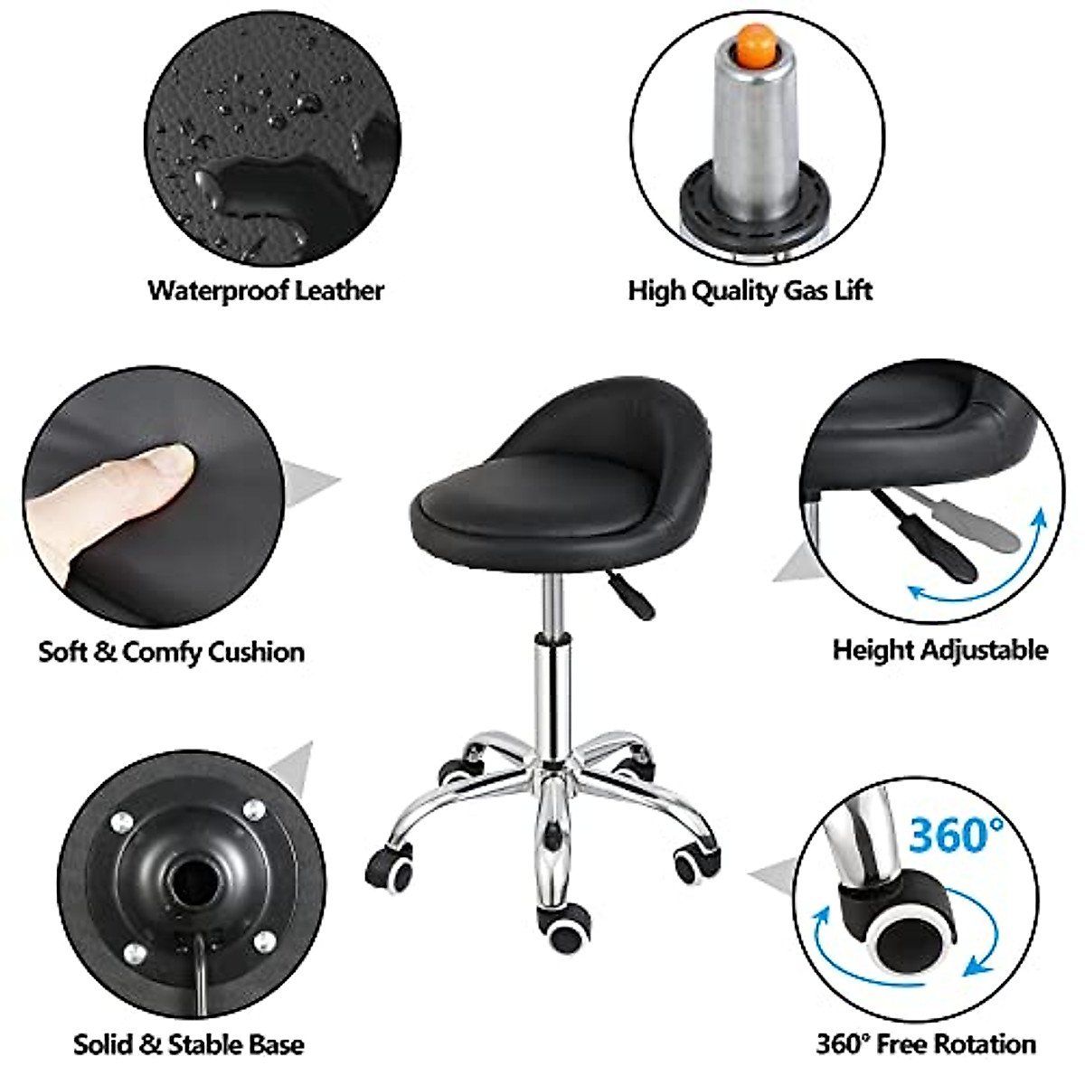 BBBuy Adjustable Relief Hydraulic Massage Stool Facial Spa Tattoo Beauty Rolling Bar Stools Swivel Hydraulic Chair with Back Rest (Black/White)