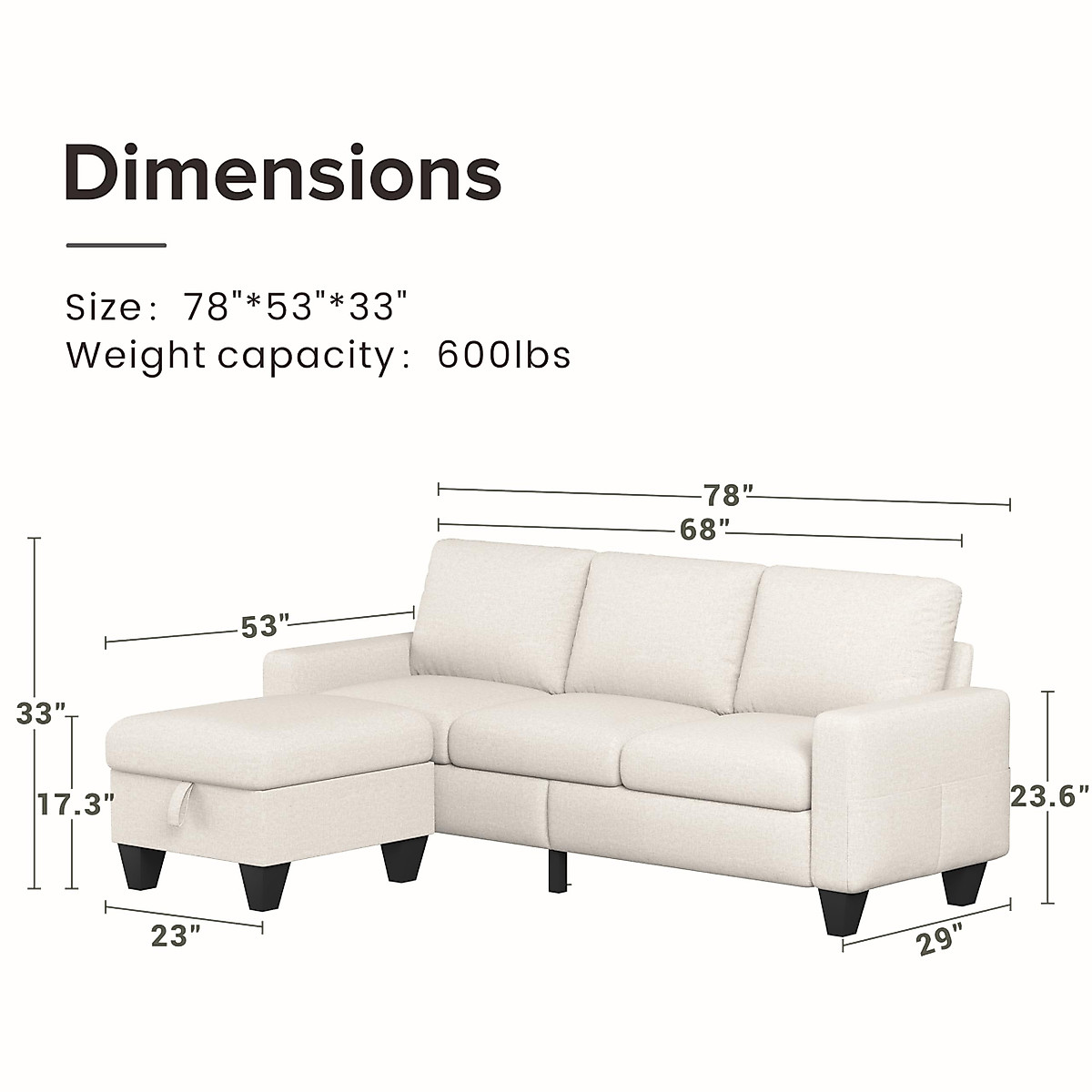 Lonkwa 78'' Convertible Sectional Sofa Couch, Beige 3 Seat L-Shaped Couch with Storage Ottoman, Modern Linen Fabric Couches for Living Room, Apartment, Office, Small Space