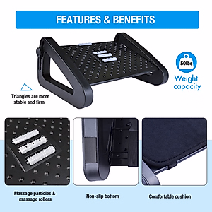 Under Desk Footrest with Massage Surface Ergonomic 6 Height Position Adjustable Foot Stool with Firm Non-Slip Legs for Home Office