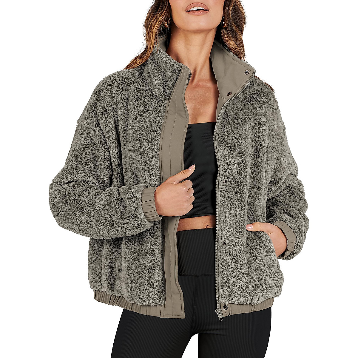 ANRABESS Womens Fleece Jacket Casual Long Sleeve Cropped Sherpa Button Down Fuzzy Warm Coats Fall Outwear With Pockets Grey Medium