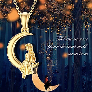 14k Solid Gold Moon Girl Pendant Necklaces for Women - Necklaces Gold Jewelry Present for Wife Girlfriend Mother,16+1+1 Inch