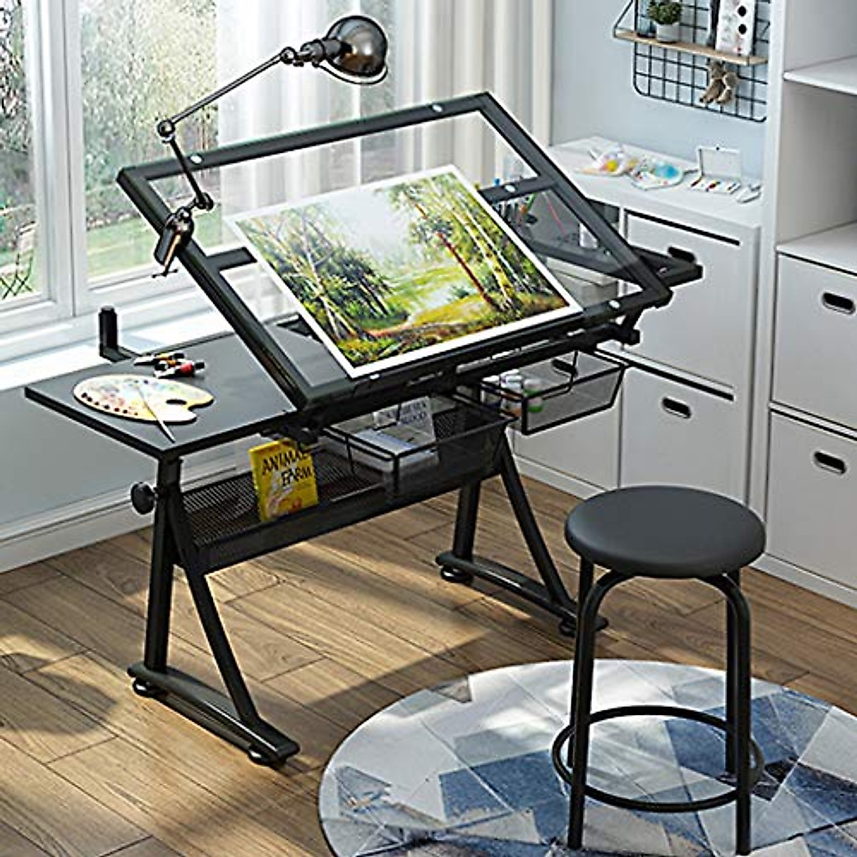 VejiA Drafting Table with Storage, Height Adjustable Tiltable Art Desk, Glass Panel Drawing Desk, for Work Study Painting Craft Table