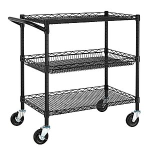 Finnhomy 3 Tier Heavy Duty Commercial Grade Utility Cart, Wire Rolling Cart with Handle Bar, Steel Service Cart with Wheels, Kitchen Cart on Wheels, Food Storage Trolley, NSF Listed, Black