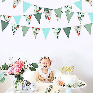32Ft Dark Green Teal Blue Printed Flowers Flora Pennant Banner Fabric Triangle Flag Bunting Garland for Spring Summer Decor Birthday Party Wedding Home Outdoor Garden Hanging Decoration