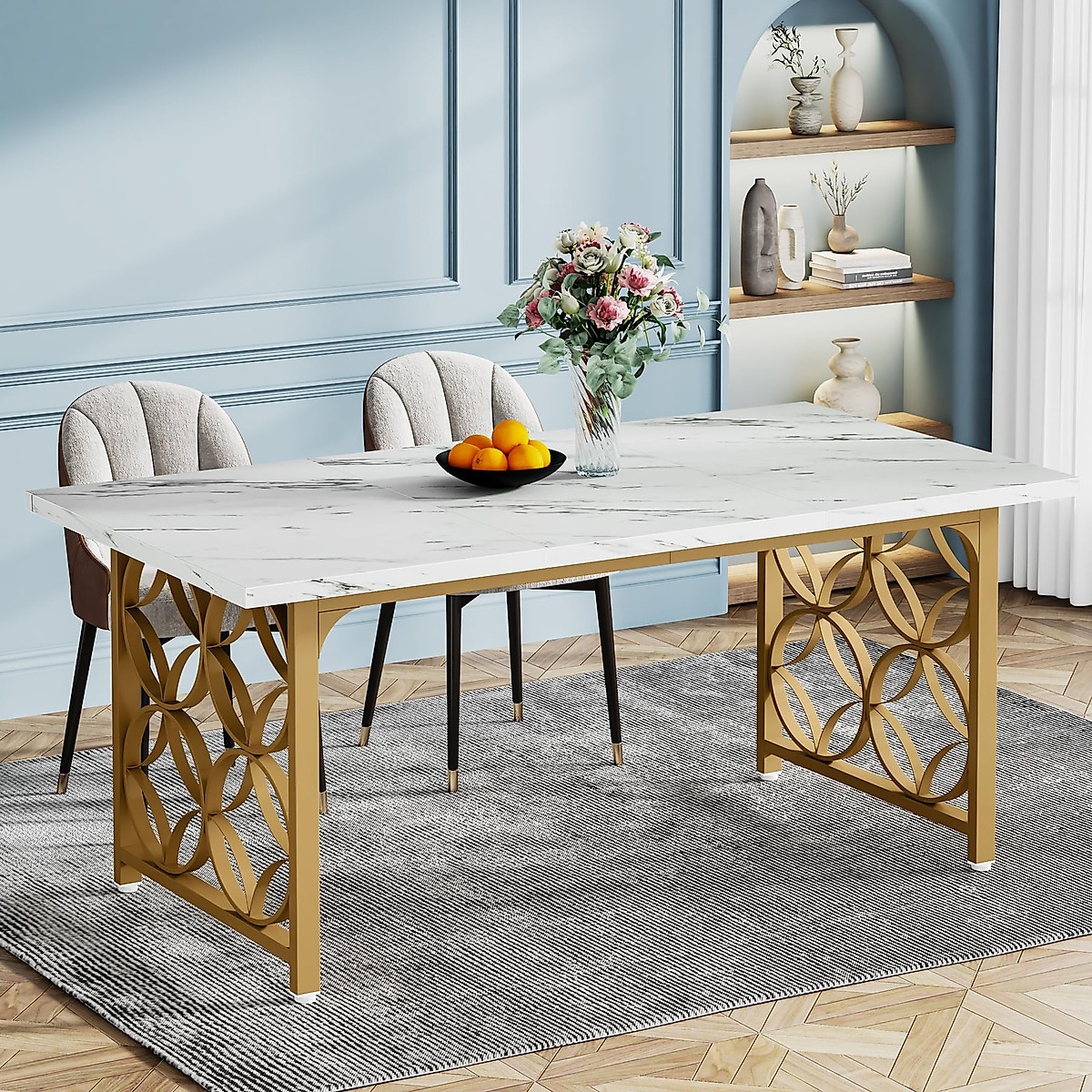 Tribesigns Dining Table, 63-inch Modern Marble Dining Room Table for 6 People, Rectangular Kitchen Table with Gold Metal Frame for Kitchen, Dining Room (White and Gold)