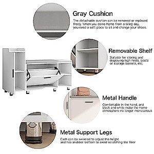 Maupvit Shoe Storage Bench with Flip Drawer Shoe Cabinet, 8 Height Adjustable Metal Feet Shoe Bench, Entryway Bench with Removable Seat Cushion, Narrow Shoe Rack Shoe Cabinet for Entryway Slim, White