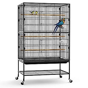 YITAHOME 52-inch Wrought Iron Flight Bird Parakeet Parrot Cage for Large Cockatiel, Canary, Finch, Lovebird, Parrotlet, Conure, Pigeons, African Grey Quaker, Birdcage with Rolling Stand.