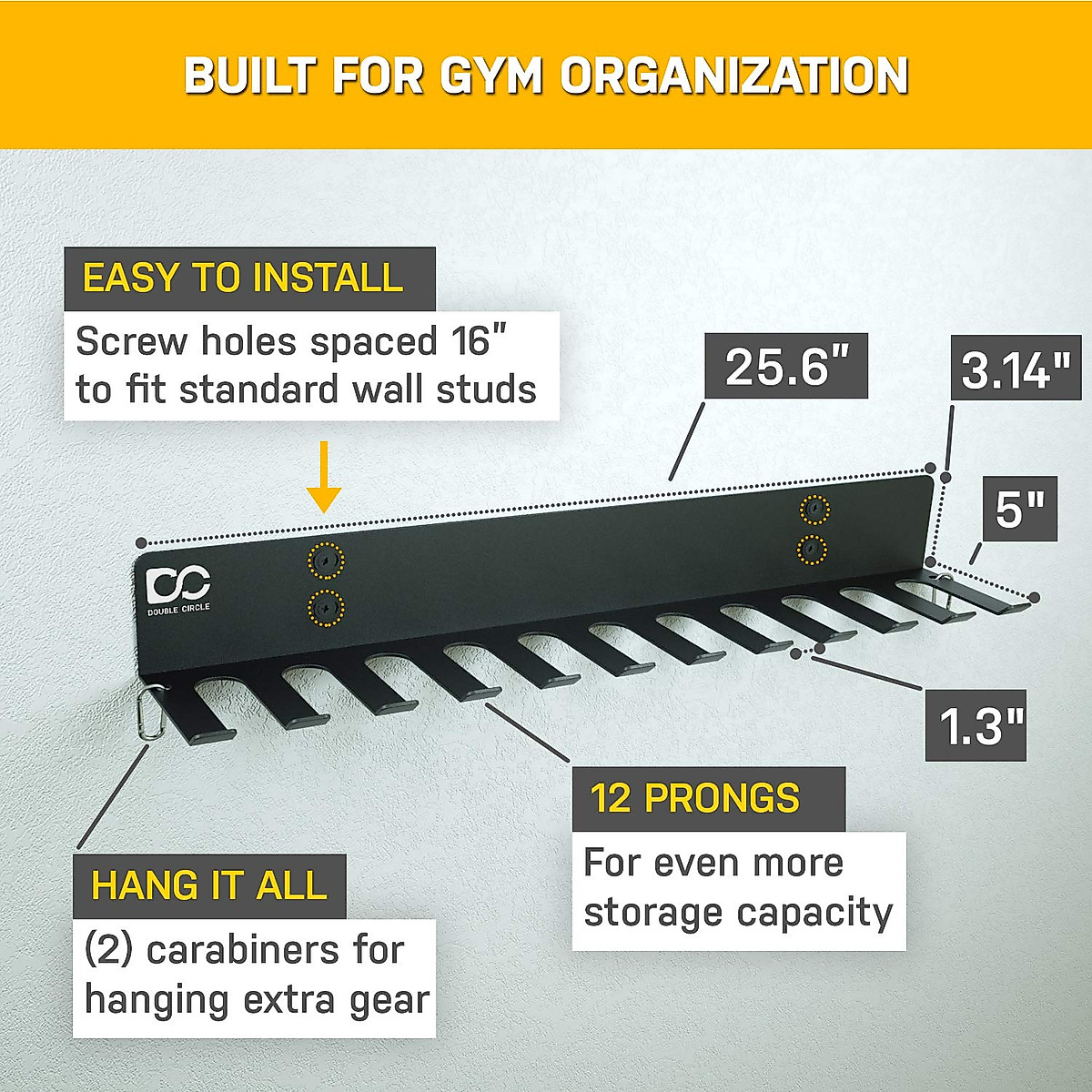 Double Circle Gym Storage Rack with 12 Hooks, Multi Purpose Gym Equipment Wall Rack Hanger for Pro Home Gym Storage for Exercise Bands, Barbell Bars, Jumprope (Hardware Included)