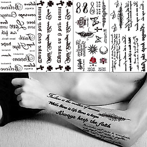 TASROI 18 Sheets Black Inspired Quotes Temporary Tattoos For Women Kids Children Long Lasting Letter Alphabet Words Fake Tattoo Stickers Birds Cross ECG infinity Moon Star Neck Arm Tatoo For Men Adult