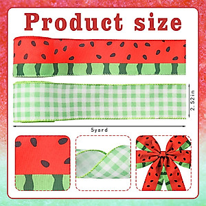 Hying 2 Rolls Summer Watermelon Ribbons Wired for Wreath Bows Wrapping Gifts, Fruit Watermelon Green Plaid Ribbon for Gift Wrapping Birthday Party Decoration Crafts 2.5" X 10 Yards Wired Edge Ribbon