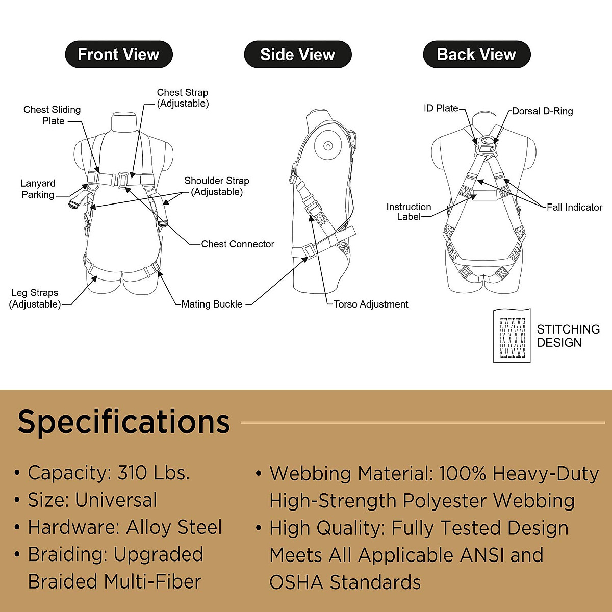 AFP Universal Full-Body Fall Protection Safety Harness with Dorsal D-Ring and Mating Buckle Legs | High-Visibility Green | Shock Absorbing Lanyard & Tool Lanyard (OSHA/ANSI)