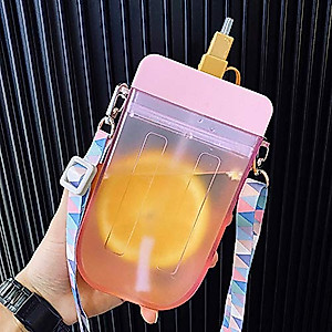 YunQin 300ml Cute Straw Cup New Plastic Popsicle Shape Water Bottle BPA Free Transparent Juice Drinking Cup Suitable for Adult Girls (Pink)