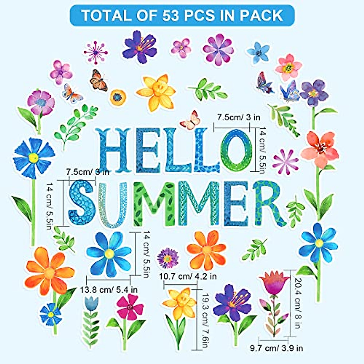AIEX 53pcs Hello Summer Cut-Outs Floral Cut Outs and Flower Cut Out Paper Elementary Classroom Bulletin Board Decorations for Back to School Bedroom Summer Themed Party Decor