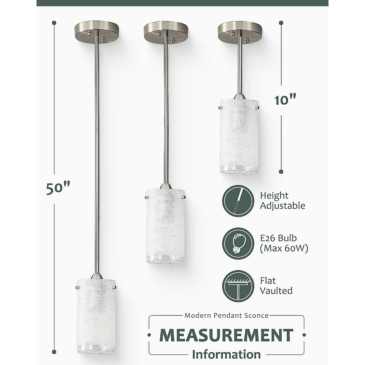 Eietonte 1-Light Mini Pendant Light Fixtures, Modern Chandelier Hanging Ceiling Light with White Frosted Shade, Brushed Nickel Pendant Lighting for Kitchen Bedroom Hallway, Adjustable Height, 3 Pack