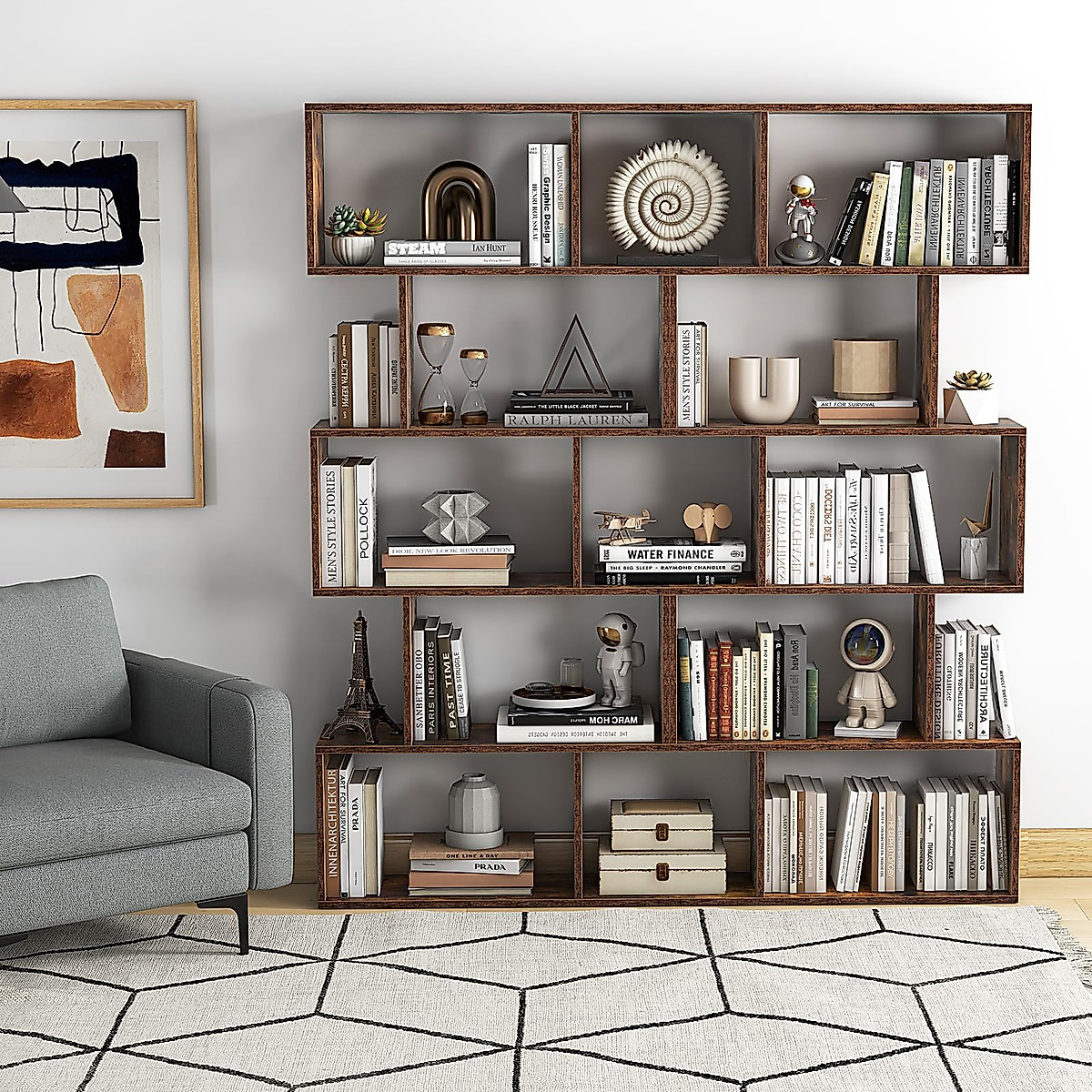 SILKYDRY 5-Tier Geometric Bookshelf, Freestanding Room Divider Bookcase, S-Shaped Decorative Storage Shelving, 62.5" Tall Display Book Shelf for Bedroom, Living Room (2, Rustic Brown)
